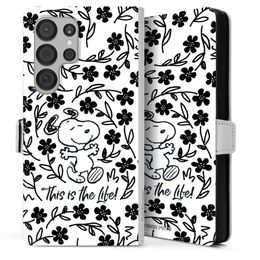 DeinDesign Galaxy S25 Ultra Handy Klapph&uuml;lle Handyh&uuml;lle aus Kunst Leder wei&szlig; Flip Case Peanuts Flowers Snoopy Sideflip mit Lasche