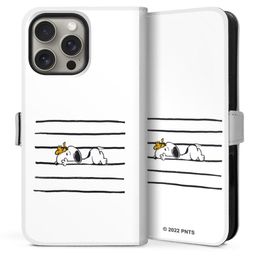 DeinDesign iPhone 16 Pro Handy Klapph&uuml;lle Handyh&uuml;lle aus Kunst Leder wei&szlig; Flip Case Snoopy Dog Peanuts Sideflip mit Lasche