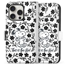 DeinDesign iPhone 15 Pro Handy Klapph&uuml;lle Handyh&uuml;lle aus Kunst Leder wei&szlig; Flip Case Peanuts Flowers Snoopy Sideflip mit Lasche
