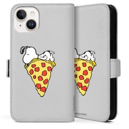 DeinDesign iPhone 14 Handy Klapph&uuml;lle Handyh&uuml;lle aus Kunst Leder wei&szlig; Flip Case Peanuts Pizza Snoopy Sideflip mit Lasche