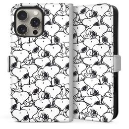 DeinDesign iPhone 16 Pro Handy Klapph&uuml;lle Handyh&uuml;lle aus Kunst Leder wei&szlig; Flip Case Peanuts Snoopy Muster Sideflip mit Lasche