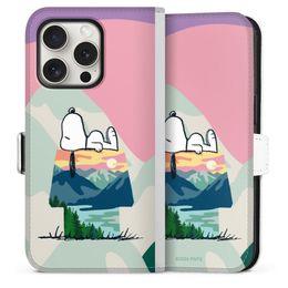 DeinDesign iPhone 15 Pro Handy Klapph&uuml;lle Handyh&uuml;lle aus Kunst Leder wei&szlig; Flip Case Official Licensed Product Peanuts Snoopy Sideflip mit Lasche