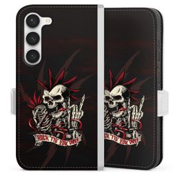 DeinDesign Galaxy S23 Handy Klapph&uuml;lle Handyh&uuml;lle aus Kunst Leder wei&szlig; Flip Case Rock Totenkopf Music Sideflip mit Lasche