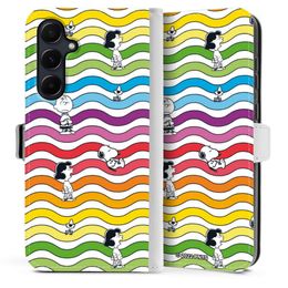 DeinDesign Galaxy A35 5G Handy Klapph&uuml;lle Handyh&uuml;lle aus Kunst Leder wei&szlig; Flip Case Snoopy Muster Peanuts Sideflip mit Lasche