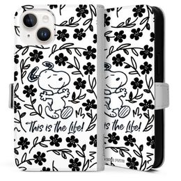 DeinDesign iPhone 14 Handy Klapph&uuml;lle Handyh&uuml;lle aus Kunst Leder wei&szlig; Flip Case Peanuts Flowers Snoopy Sideflip mit Lasche