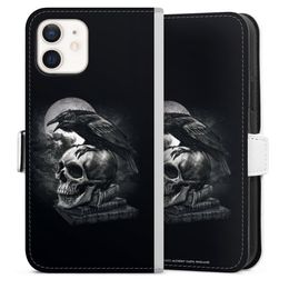 DeinDesign iPhone 12 Handy Klapph&uuml;lle Handyh&uuml;lle aus Kunst Leder wei&szlig; Flip Case Raven Skulls Skull Sideflip mit Lasche