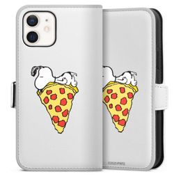 DeinDesign iPhone 12 Handy Klapph&uuml;lle Handyh&uuml;lle aus Kunst Leder wei&szlig; Flip Case Peanuts Pizza Snoopy Sideflip mit Lasche