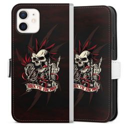DeinDesign iPhone 12 Handy Klapph&uuml;lle Handyh&uuml;lle aus Kunst Leder wei&szlig; Flip Case Totenkopf Music Rock Sideflip mit Lasche