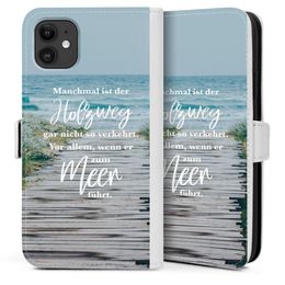 DeinDesign iPhone 11 Handy Klapph&uuml;lle Handyh&uuml;lle aus Kunst Leder wei&szlig; Flip Case Statement Beach Spruch Sideflip mit Lasche