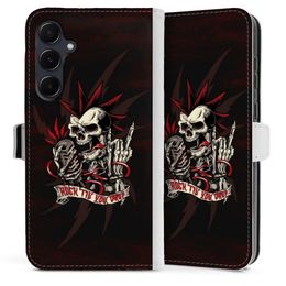 DeinDesign Galaxy A55 5G Handy Klapph&uuml;lle Handyh&uuml;lle aus Kunst Leder wei&szlig; Flip Case Rock Totenkopf Music Sideflip mit Lasche