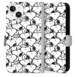 DeinDesign iPhone 14 Handy Klapph&uuml;lle Handyh&uuml;lle aus Kunst Leder wei&szlig; Flip Case Peanuts Snoopy Muster Sideflip mit Lasche