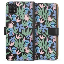 DeinDesign Galaxy A22 5G Handy Klapph&uuml;lle Handyh&uuml;lle aus Kunst Leder schwarz Flip Case Disney Lilo & Stitch Muster Sideflip mit langer Lasche