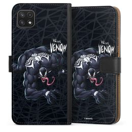 DeinDesign Galaxy A22 5G Handy Klapph&uuml;lle Handyh&uuml;lle aus Kunst Leder schwarz Flip Case Spiderman Marvel Venom Sideflip mit langer Lasche