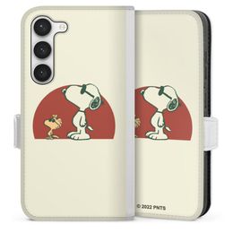 DeinDesign Galaxy S23 Handy Klapph&uuml;lle Handyh&uuml;lle aus Kunst Leder wei&szlig; Flip Case Snoopy Official Licensed Product Kindheit Sideflip mit Lasche