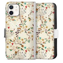 DeinDesign iPhone 12 Handy Klapph&uuml;lle Handyh&uuml;lle aus Kunst Leder wei&szlig; Flip Case Flowers Bird Retro Sideflip mit Lasche