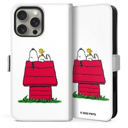 DeinDesign iPhone 16 Pro Handy Klapph&uuml;lle Handyh&uuml;lle aus Kunst Leder wei&szlig; Flip Case Snoopy Peanuts Official Licensed Product Sideflip mit Lasche