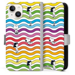DeinDesign iPhone 14 Handy Klapph&uuml;lle Handyh&uuml;lle aus Kunst Leder wei&szlig; Flip Case Snoopy Muster Peanuts Sideflip mit Lasche