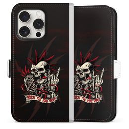 DeinDesign iPhone 15 Pro Handy Klapph&uuml;lle Handyh&uuml;lle aus Kunst Leder wei&szlig; Flip Case Rock Totenkopf Music Sideflip mit Lasche