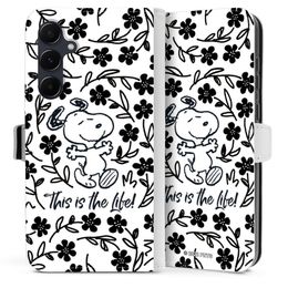 DeinDesign Galaxy A55 5G Handy Klapph&uuml;lle Handyh&uuml;lle aus Kunst Leder wei&szlig; Flip Case Peanuts Flowers Snoopy Sideflip mit Lasche