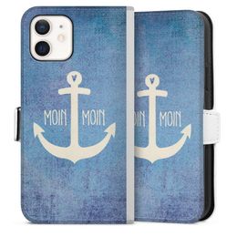 DeinDesign iPhone 12 Handy Klapph&uuml;lle Handyh&uuml;lle aus Kunst Leder wei&szlig; Flip Case Anchor Maritim Blue Sideflip mit Lasche