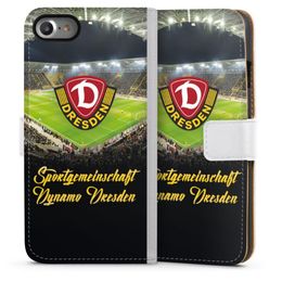 DeinDesign iPhone SE (2022) Handy Klapph&uuml;lle Handyh&uuml;lle aus Kunst Leder wei&szlig; Flip Case Sgd Sg Dynamo Dresden Official Licensed Product Sideflip mit Lasche