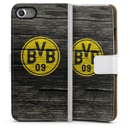 DeinDesign iPhone SE (2020) Handy Klapph&uuml;lle Handyh&uuml;lle aus Kunst Leder wei&szlig; Flip Case Bvb Wooden Look Borussia Dortmund Sideflip mit Lasche