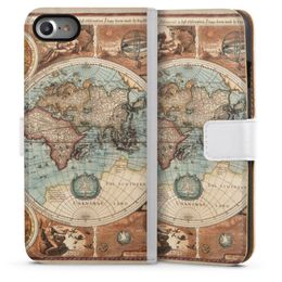 DeinDesign iPhone SE (2022) Handy Klapph&uuml;lle Handyh&uuml;lle aus Kunst Leder wei&szlig; Flip Case Vintage Map World Map Sideflip mit Lasche