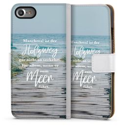 DeinDesign iPhone SE (2020) Handy Klapph&uuml;lle Handyh&uuml;lle aus Kunst Leder wei&szlig; Flip Case Statement Beach Spruch Sideflip mit Lasche