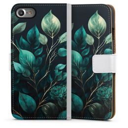 DeinDesign iPhone SE (2020) Handy Klapph&uuml;lle Handyh&uuml;lle aus Kunst Leder wei&szlig; Flip Case Leaves Eukalyptus Black Sideflip mit Lasche