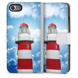 DeinDesign iPhone SE (2020) Handy Klapph&uuml;lle Handyh&uuml;lle aus Kunst Leder wei&szlig; Flip Case Sky Lighthouse Cloud Sideflip mit Lasche