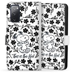 DeinDesign Galaxy S20 FE 5G Handy Klapph&uuml;lle Handyh&uuml;lle aus Kunst Leder wei&szlig; Flip Case Peanuts Flowers Snoopy Sideflip mit Lasche
