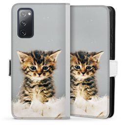 DeinDesign Galaxy S20 FE Handy Klapph&uuml;lle Handyh&uuml;lle aus Kunst Leder wei&szlig; Flip Case Cat Pet Feather Sideflip mit Lasche