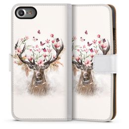DeinDesign iPhone SE (2020) Handy Klapph&uuml;lle Handyh&uuml;lle aus Kunst Leder wei&szlig; Flip Case Flowers Deer Animals Sideflip mit Lasche