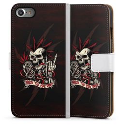 DeinDesign iPhone SE (2022) Handy Klapph&uuml;lle Handyh&uuml;lle aus Kunst Leder wei&szlig; Flip Case Rock Totenkopf Music Sideflip mit Lasche