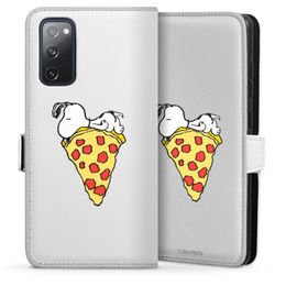 DeinDesign Galaxy S20 FE Handy Klapph&uuml;lle Handyh&uuml;lle aus Kunst Leder wei&szlig; Flip Case Peanuts Pizza Snoopy Sideflip mit Lasche