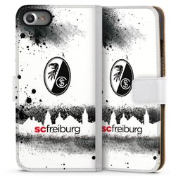 DeinDesign iPhone SE (2022) Handy Klapph&uuml;lle Handyh&uuml;lle aus Kunst Leder wei&szlig; Flip Case Skyline Logo Sc Freiburg Sideflip mit Lasche