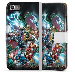 DeinDesign iPhone SE (2022) Handy Klapph&uuml;lle Handyh&uuml;lle aus Kunst Leder wei&szlig; Flip Case Avengers Marvel Comic Sideflip mit Lasche