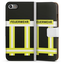 DeinDesign iPhone SE (2020) Handy Klapph&uuml;lle Handyh&uuml;lle aus Kunst Leder wei&szlig; Flip Case Fire Fighter Fire Fighters Job Sideflip mit Lasche