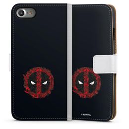 DeinDesign iPhone SE (2020) Handy Klapph&uuml;lle Handyh&uuml;lle aus Kunst Leder wei&szlig; Flip Case Deadpool Marvel Logo Sideflip mit Lasche