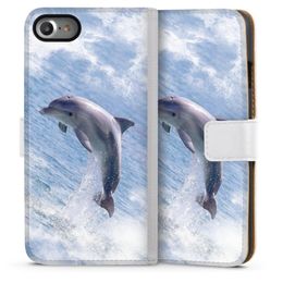 DeinDesign iPhone SE (2020) Handy Klapph&uuml;lle Handyh&uuml;lle aus Kunst Leder wei&szlig; Flip Case Dolphin Wale Ocean Sideflip mit Lasche