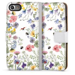 DeinDesign iPhone SE (2020) Handy Klapph&uuml;lle Handyh&uuml;lle aus Kunst Leder wei&szlig; Flip Case Muster Flowers Bee Sideflip mit Lasche