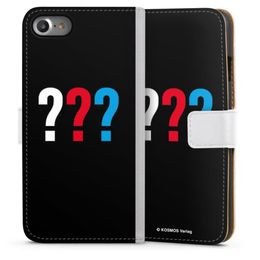 DeinDesign iPhone SE (2022) Handy Klapph&uuml;lle Handyh&uuml;lle aus Kunst Leder wei&szlig; Flip Case Official Licensed Product Die Drei ??? Logo Sideflip mit Lasche