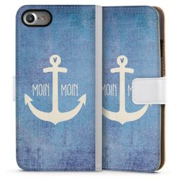 DeinDesign iPhone SE (2020) Handy Klapph&uuml;lle Handyh&uuml;lle aus Kunst Leder wei&szlig; Flip Case Anchor Maritim Blue Sideflip mit Lasche