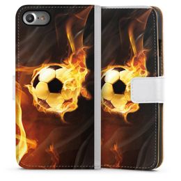 DeinDesign iPhone SE (2022) Handy Klapph&uuml;lle Handyh&uuml;lle aus Kunst Leder wei&szlig; Flip Case Fire Ball Soccer Sideflip mit Lasche