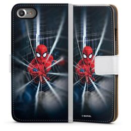 DeinDesign iPhone SE (2020) Handy Klapph&uuml;lle Handyh&uuml;lle aus Kunst Leder wei&szlig; Flip Case Spiderman Marvel Kinofilm Sideflip mit Lasche