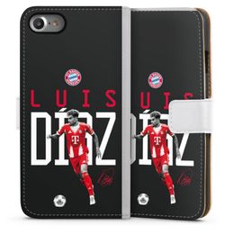DeinDesign iPhone SE (2022) Handy Klapph&uuml;lle Handyh&uuml;lle aus Kunst Leder wei&szlig; Flip Case Official Licensed Product Luis Diaz Fc Bayern M&uuml;nchen Sideflip mit Lasche
