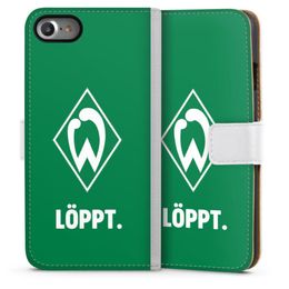 DeinDesign iPhone SE (2022) Handy Klapph&uuml;lle Handyh&uuml;lle aus Kunst Leder wei&szlig; Flip Case Official Licensed Product Statement Sv Werder Bremen Sideflip mit Lasche