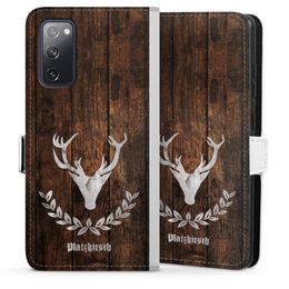 DeinDesign Galaxy S20 FE Handy Klapph&uuml;lle Handyh&uuml;lle aus Kunst Leder wei&szlig; Flip Case Wooden Look Deer Wood Sideflip mit Lasche