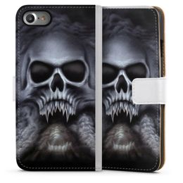 DeinDesign iPhone SE (2020) Handy Klapph&uuml;lle Handyh&uuml;lle aus Kunst Leder wei&szlig; Flip Case Halloween Totenkopf Skull Sideflip mit Lasche