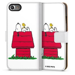 DeinDesign iPhone SE (2022) Handy Klapph&uuml;lle Handyh&uuml;lle aus Kunst Leder wei&szlig; Flip Case Snoopy Peanuts Official Licensed Product Sideflip mit Lasche